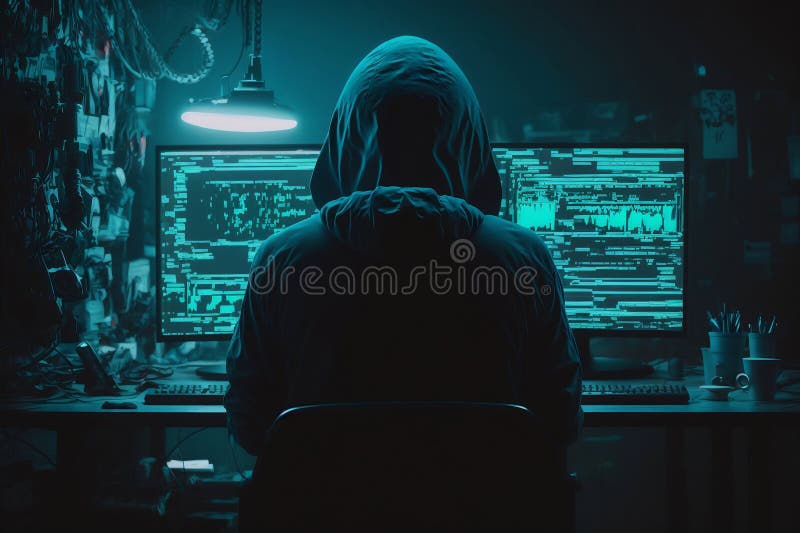 Hacker Works in Dark Room, Hacker Working in a Dimly Lit Room, Using ...