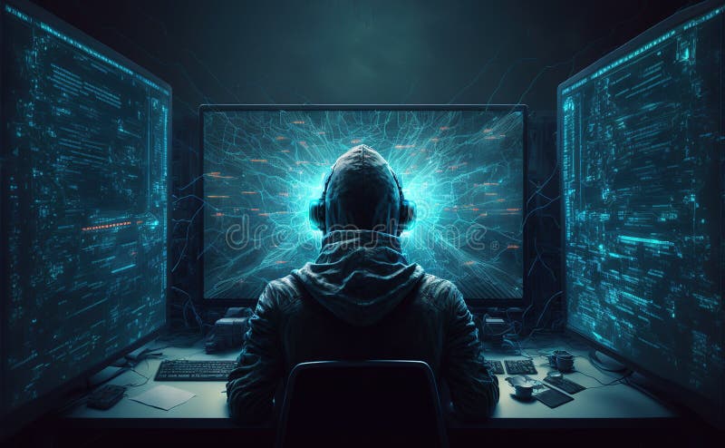 Hacker Works in Dark Room, Man Uses Computer with Futuristic Monitors ... Hacker Works in Dark Room, Man Uses Computer with Futuristic Monitors ...