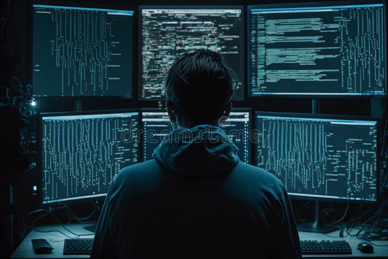 Hacker Works with Data in Dark Room, Person Working with Data in a ...