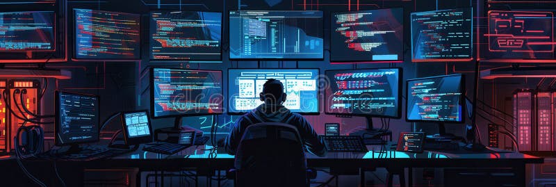 A Hacker Works Diligently at a Desk, Immersed in Data on Various ...