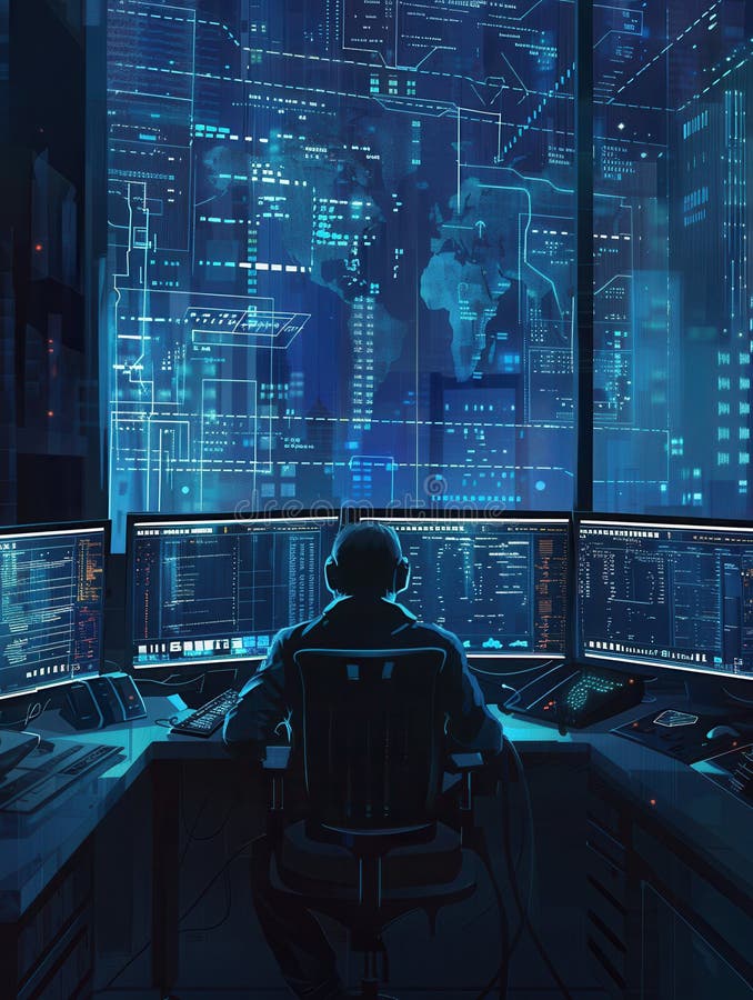 A Hacker Works Diligently at a Desk in Low Light, Focused on Multiple Monitors Displaying ...