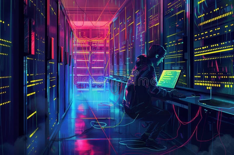 A Hacker Works Intently on a Computer Surrounded by Glowing Servers and ...