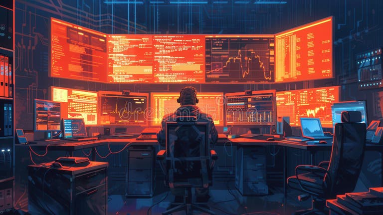 A Hacker Works Intently at a Desk in a Dark Room, Surrounded by Glowing ...