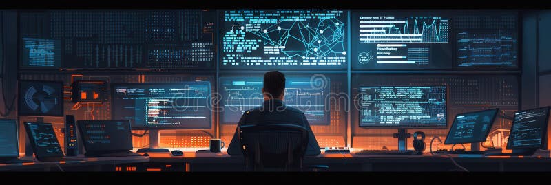 A Hacker Works Intently at a Desk, Illuminated by Multiple Computer Screens Displaying Complex ...