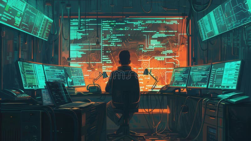 A Hacker Works Intently at a Desk, Monitoring Multiple Glowing Computer Screens in a Dark and ...