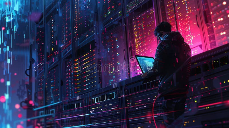 A Hacker Works Intently with a Laptop Inside a Dimly Lit Server Room ...