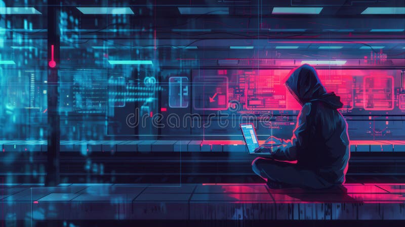 A Hacker Works Intently on a Laptop at a Metro Station, Emphasizing the ...