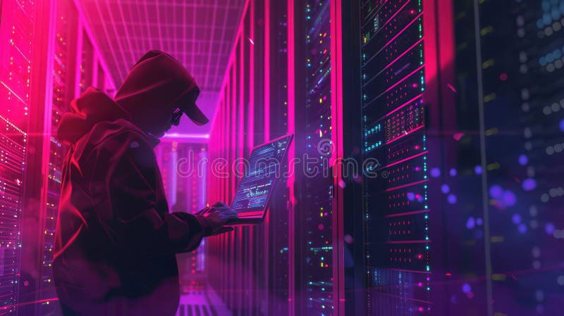 A Hacker Works Intently on a Laptop, Surrounded by Glowing Server Racks ...