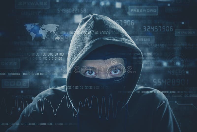 Hacker Works with Mask and Looking at Binary Code Stock Photo - Image ...