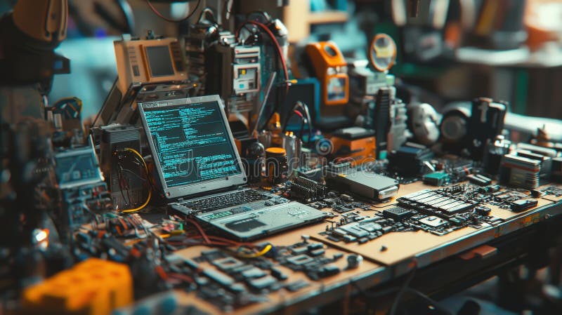 Hacker Workspace with Advanced Tools and Gadgets Tech Lab Close-up ...