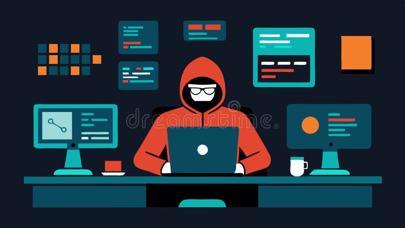 Hacker at Workstation a Figure Sitting at a Desk with Multiple Monitors Displaying Code and ...