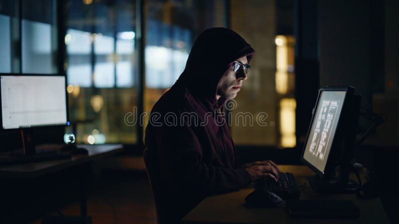 Hacker Writing Data Computer Keyboard in Night High-tech Room Alone ...