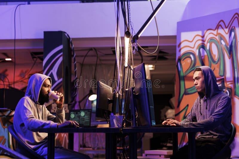 Hackers Doing Illegal Activity Late Stock Photo - Image of hideout ...