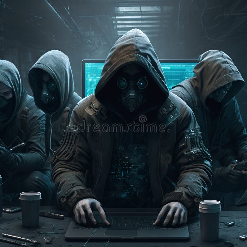 Hackers in Gas Mask Working on Laptop Created with Generative AI ...