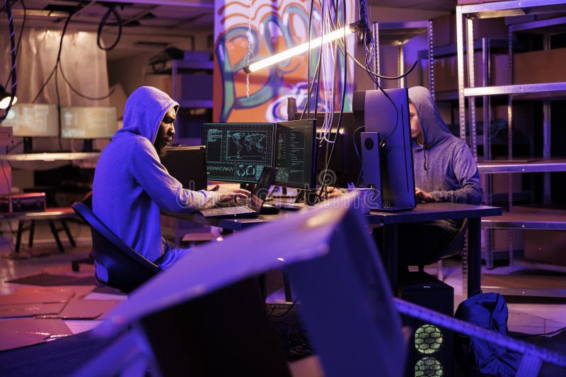 Hackers Group Collaborating in Warehouse Stock Image - Image of break ...
