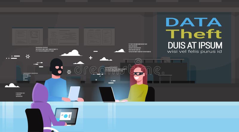 Hackers Group Wearing Black Masks Sitting at Gadgets Viruses Data ...