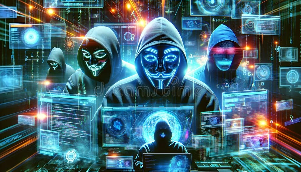 A Hackers Group Wearing Masks Hacking the Data of Users, Concept Stock ...