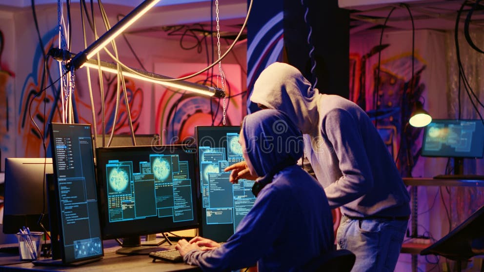 Hackers in Neon Lit Hideaway Stock Image - Image of hideaway, devices ...