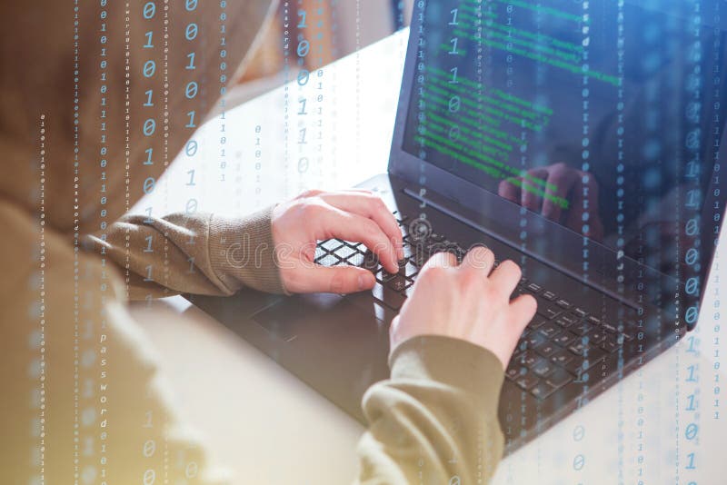 Hackers Programmer Look on Screen and Writes the Program Code Hack ...