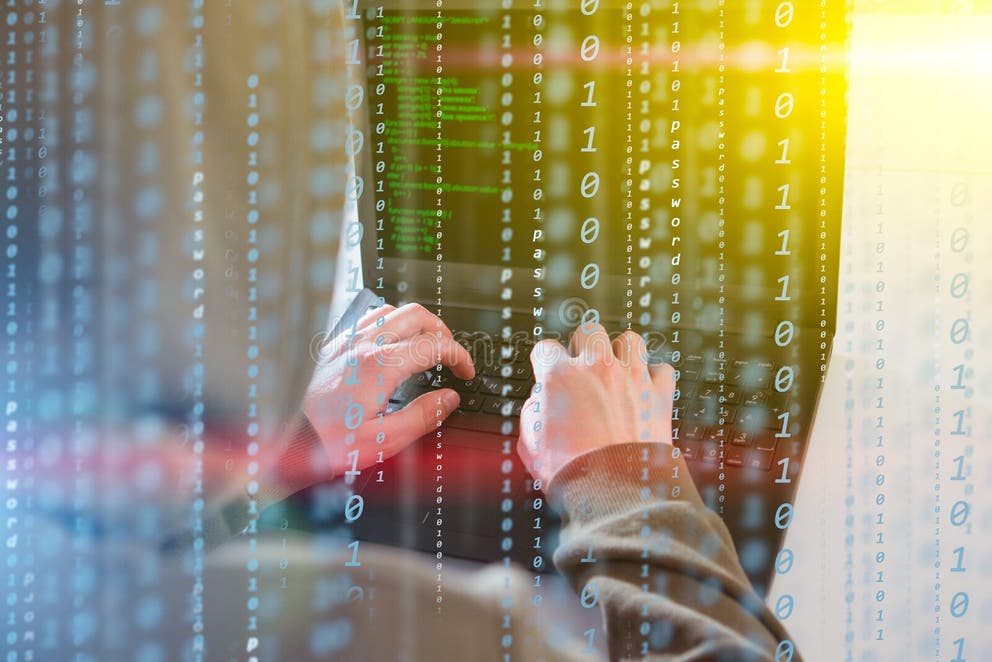 Hackers Programmer Look on Screen and Writes the Program Code Hack ...