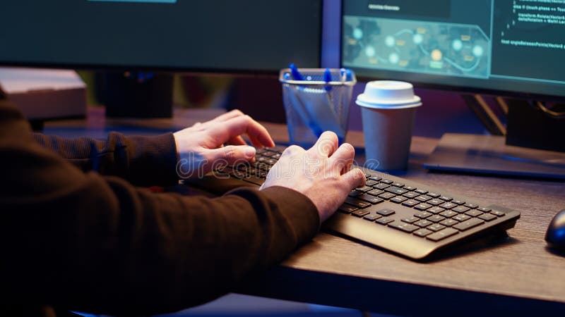 Hackers Typing on Keyboard in Graffiti Painted Hideout, Close Up Stock ...