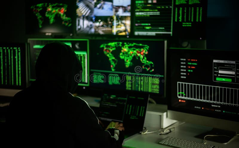 Hackers Working on Computers Showing World Maps and Security Camera Footage Stock Photo - Image ...