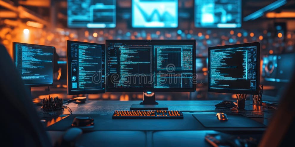 Hackers Workstation with Multiple Holograms for Futuristic Technology ...