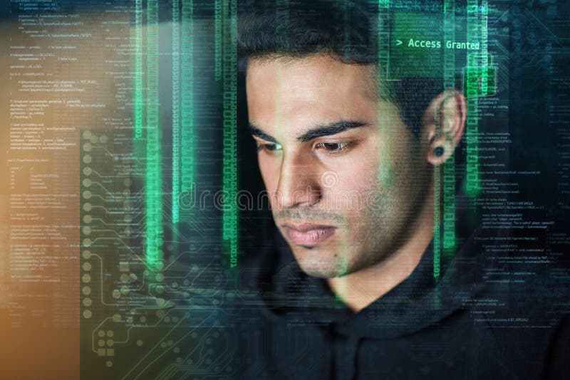 Hacking Coding And Digital Overlay Of Man With Night Software Password Access Or Data