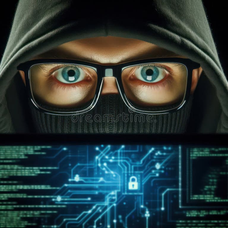 Hacking Concept, Hacker Eyes in Glasses at Screen Stock Image - Image ...