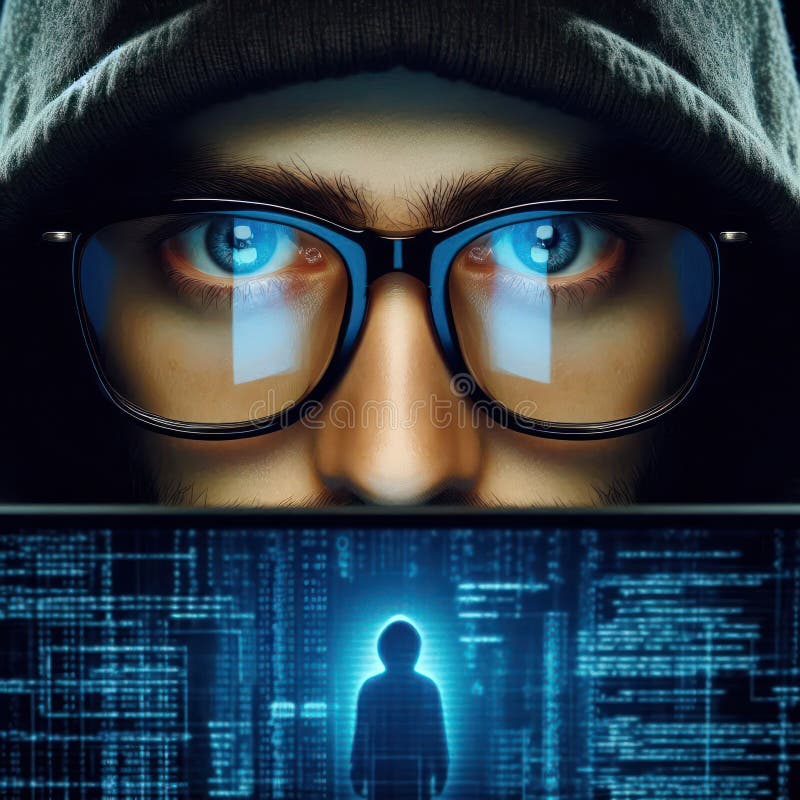 Hacking Concept, Hacker Eyes in Glasses at Screen Stock Photo - Image ...