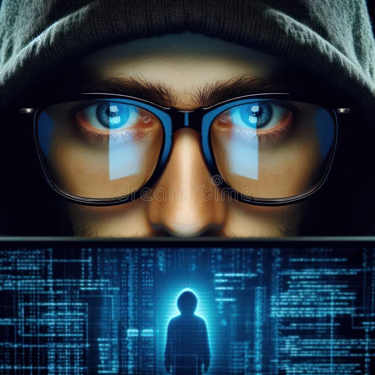 Hacking Concept, Hacker Eyes in Glasses at Screen Stock Photo - Image ...