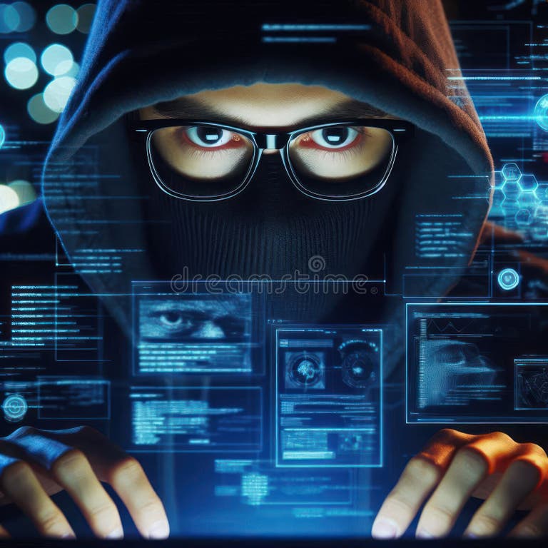 Hacking Concept, Hacker Eyes in Glasses at Screen Stock Image - Image ...