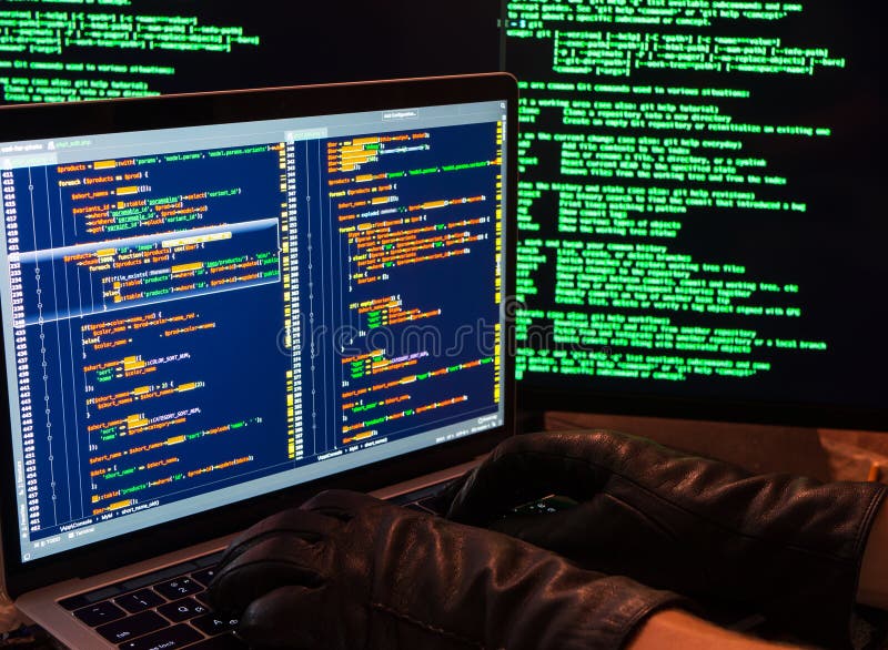 Hacking of Database with Admin Access. Side View of Hacker Hands in Gloves Typing Malicious Code ...