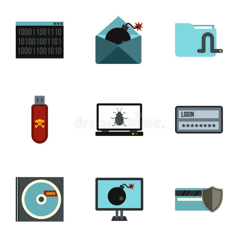 Hacking Icons Set, Flat Style Stock Vector - Illustration of object ...