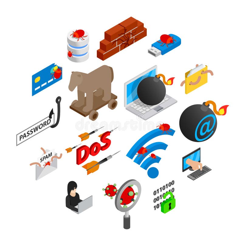 Hacking Icons Set, Isometric 3d Style Stock Vector - Illustration of ...