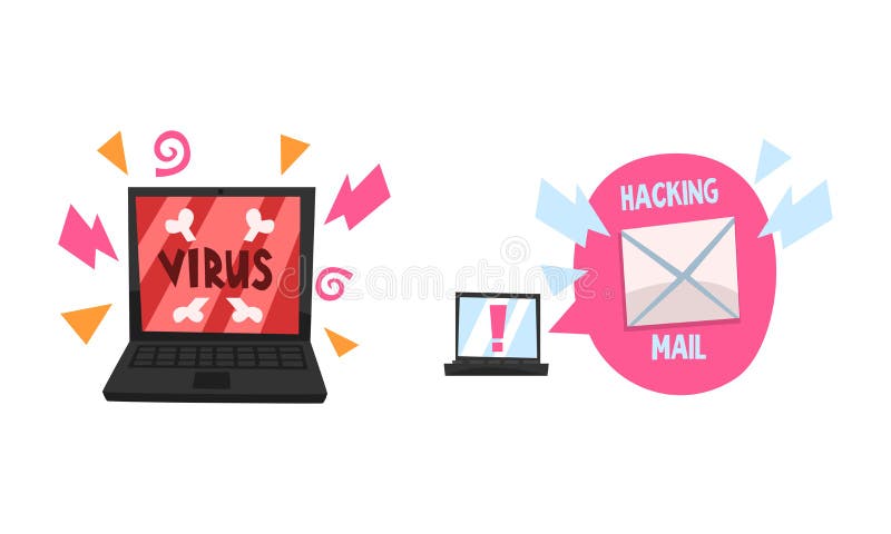 Hacking Mail and Virus on Laptop Breaking Mobile Security Vector Set ...