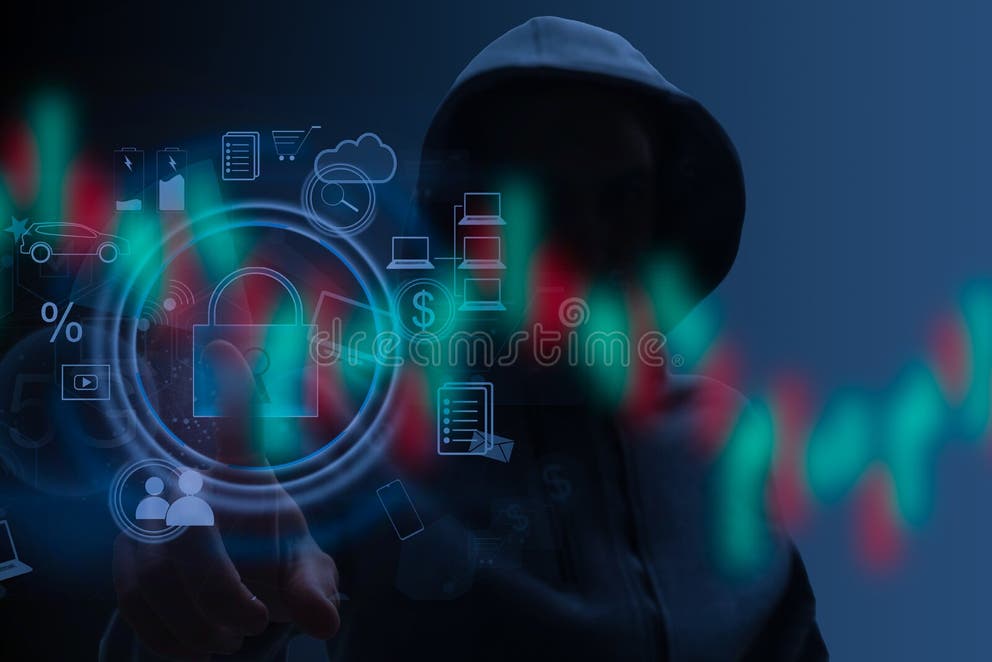 Hacking and Malware Concept. Hacker Using Abstract Laptop with Digital Interface. Double ...