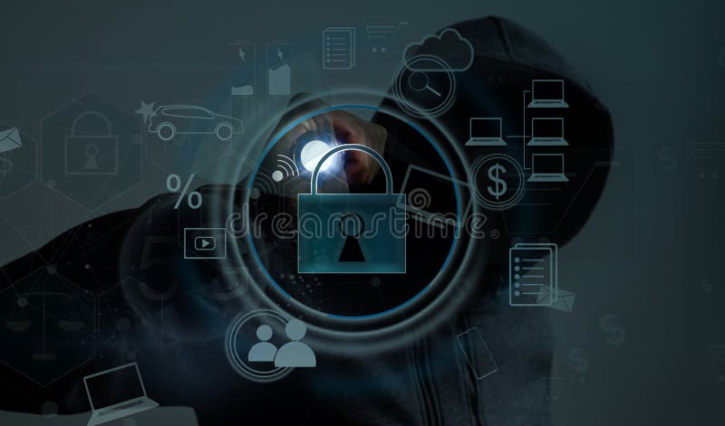 Hacking and Malware Concept. Hacker Using Abstract Laptop with Digital Interface. Double ...