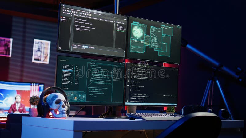 Hacking Malware Programming Script On Monitors In Underground Base Stock Image Image Of Screen