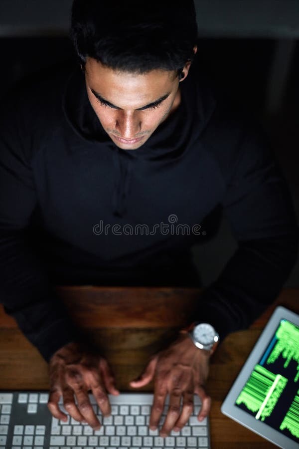 Hacking Man And Computer Keyboard For Programming Coding Software Or Password Hacker Tablet