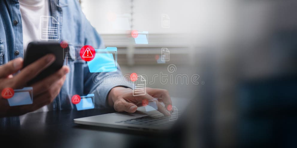 Hacking and Spam Warning Symbol on Document File. Person Using a ...