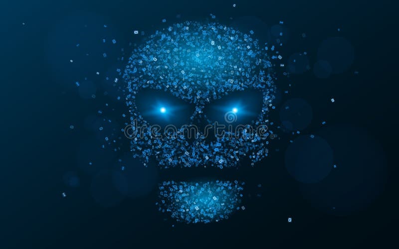 Hacking System. an Abstract, Luminous Skull of Blue Color from a Binary Code. the Data is Under ...