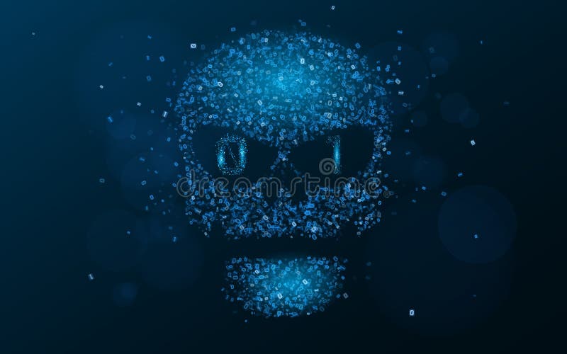 Hacking System. an Abstract, Luminous Skull of Blue Color from a Binary ...