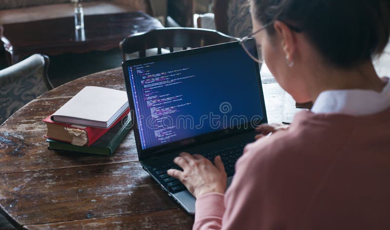 Hacking System. Excited Girl with Dark Hair and in Pink Sweater and ...