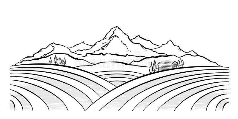 Had Drawn Mountains Rural Landscape with Fields and Farm. Sketch Line ...