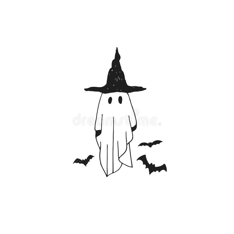 Hadn Drawn Line Art Ghost. Sketch of a Ghost and Bats Stock Vector ...