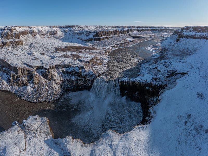Hafragilsfoss Waterfall with Snow in Autumn Aerial View, Iceland Stock ...