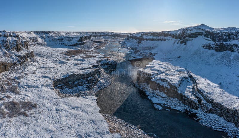 Hafragilsfoss Waterfall with Snow in Autumn Aerial View, Iceland Stock ...