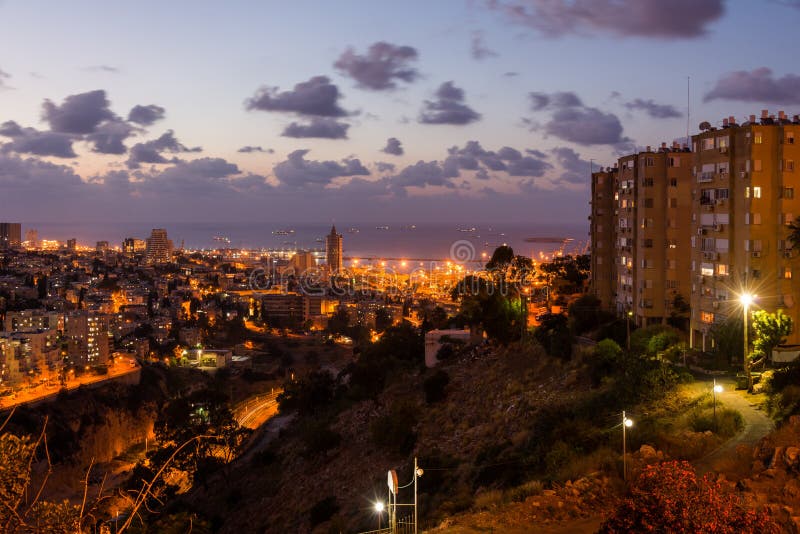 Haifa cityscape at sunset stock image. Image of city - 84600455