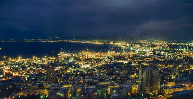 Haifa by night stock image. Image of light, aerial, haifa - 183790875